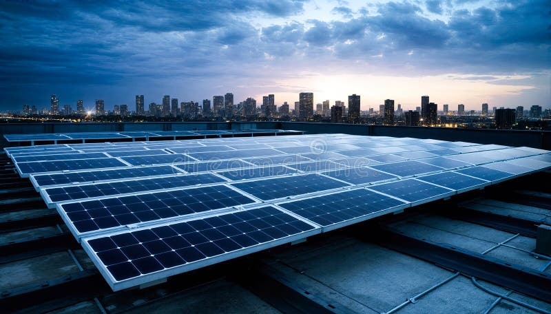 A Large Solar Panel Array on a Rooftop in the City the Solar Panels are ...