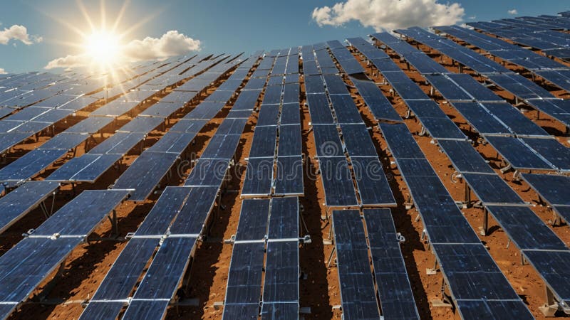 Large Solar Panel Field in a Desert Under Bright Sunlight and Clear ...