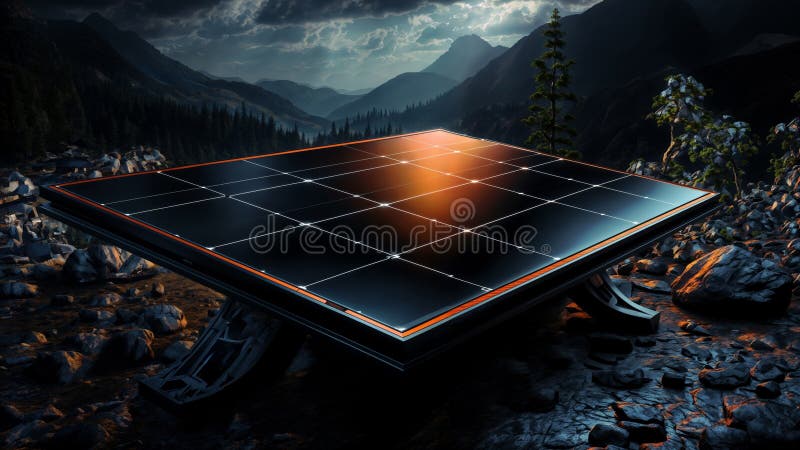 Solar Panel on Rocks in Mountainous Landscape with Sun Reflection ...