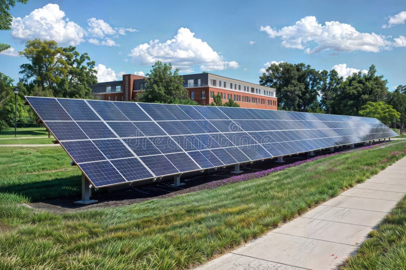 Solar Panel Array in an Urban Setting with Greenery, Showcasing ...