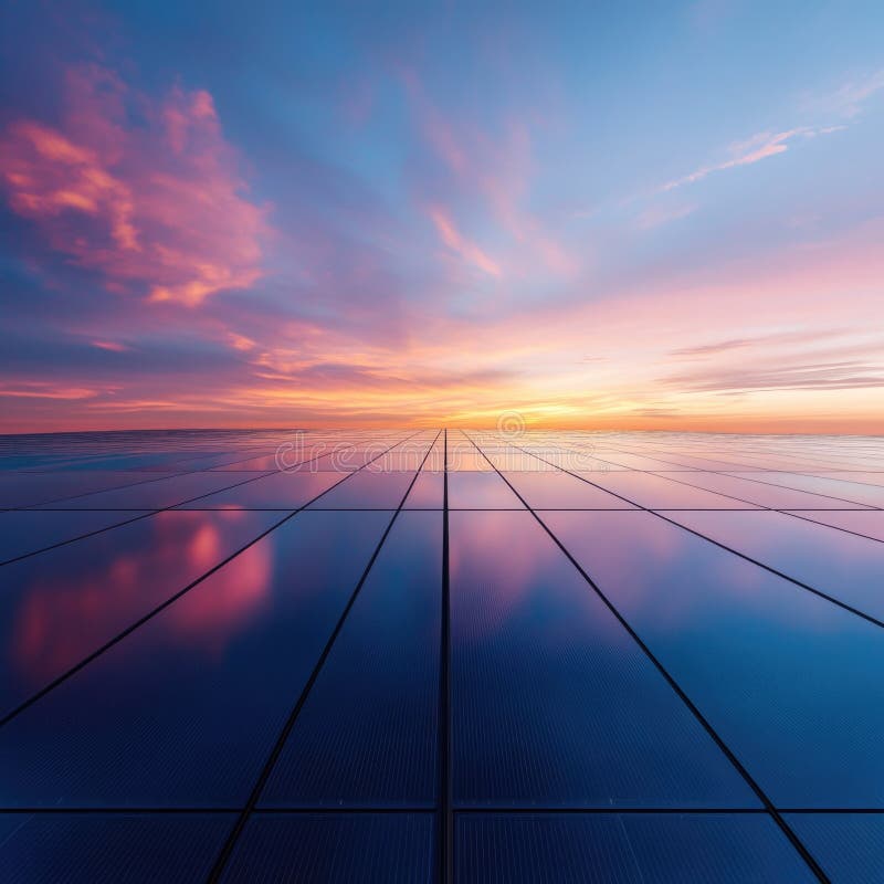 Large Solar Power Farm with Panels Facing West at Sunset Stock Image ...