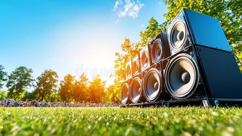 Large Sound System with Multiple Speakers on Grass during Sunset Stock ...