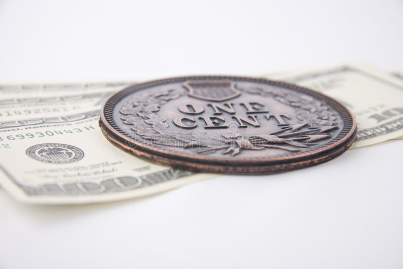Large Souvenir Cent Coin and Dollar Banknotes Stock Photo - Image of ...