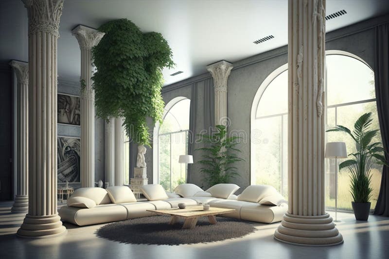 Large Space Room in Modern Style with Tree Columns Jungle Interior ...