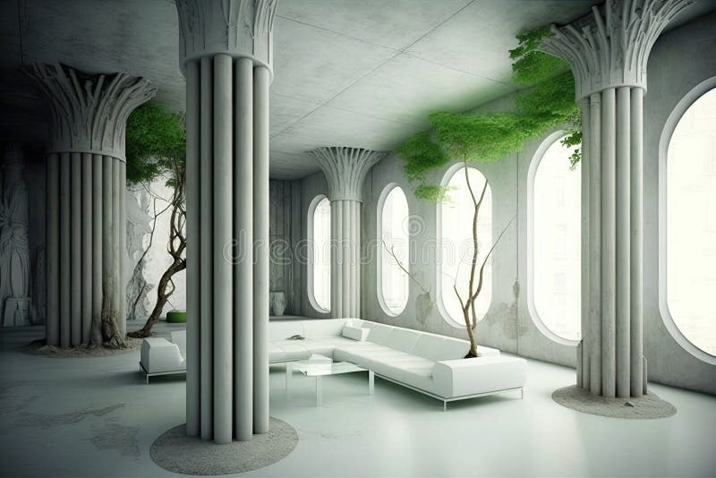 Large Space Room in Modern Style with Tree Columns Jungle Interior ...