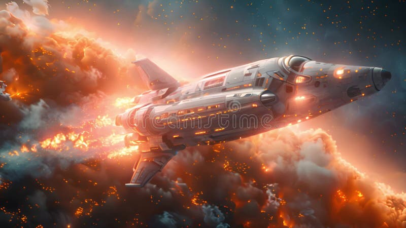 Large Space Ship Flying through Cloudy Sky Stock Video - Video of ...