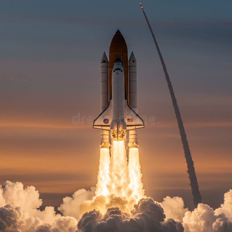 A Large Space Shuttle Launches into the Sky at Sunset, Emitting Bright ...