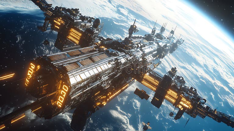 A Huge Space Station Orbiting the Earth, with Massive Solar Panels and ...