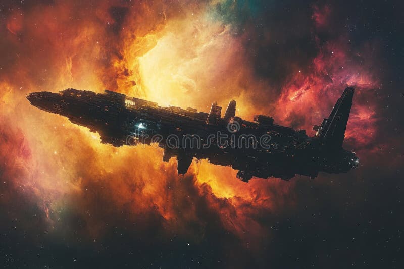 Large Spaceship Exploring a Colorful Nebula in Deep Space Stock Photo ...
