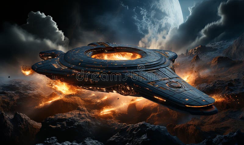 Large Spaceship Flying through Cloudy Sky Stock Image - Image of ...