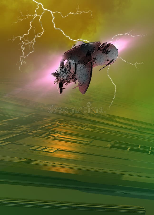 Large Spaceship and Lightning Stock Illustration - Illustration of ...