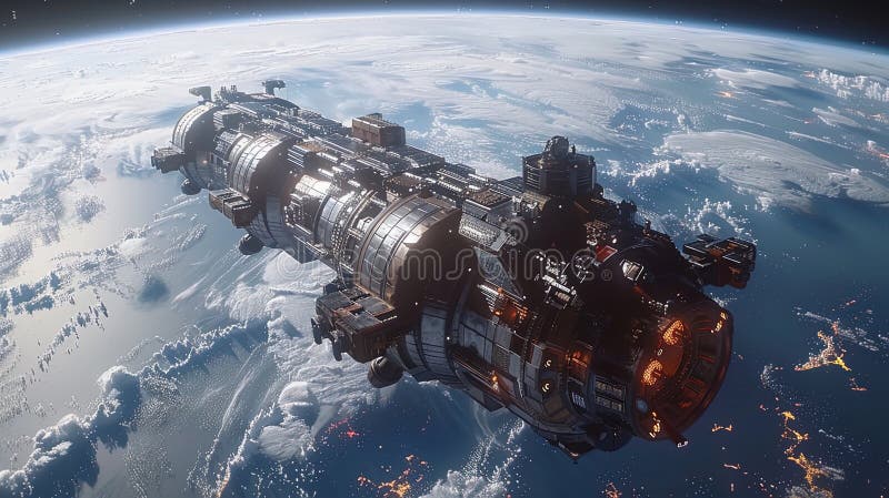 A Large Spaceship Orbits Earth with Clouds and Stars in the Background ...