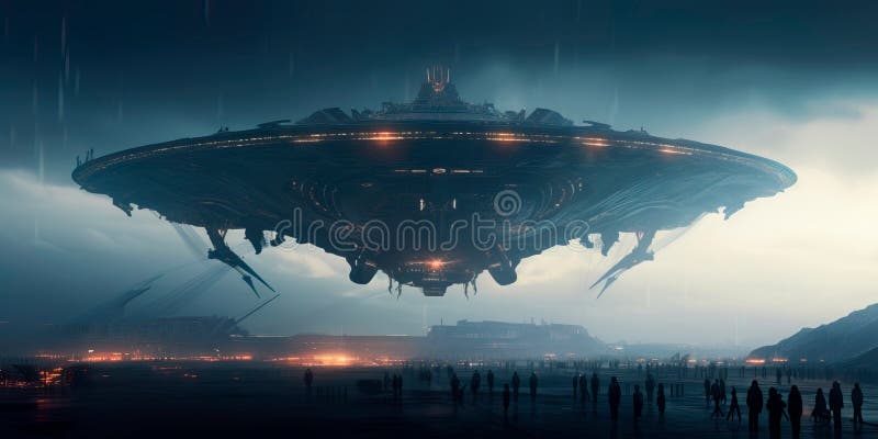 Large Spaceship from Which Aliens are Disembarking. Generative AI Stock ...