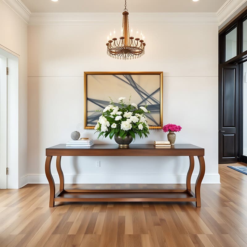 A Large Spacious Console Table in a Luxurious Foyer Decorated with ...
