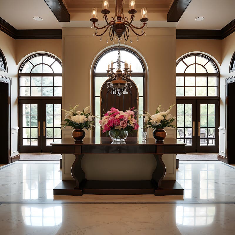 A Large Spacious Console Table in a Luxurious Foyer Decorated with ...