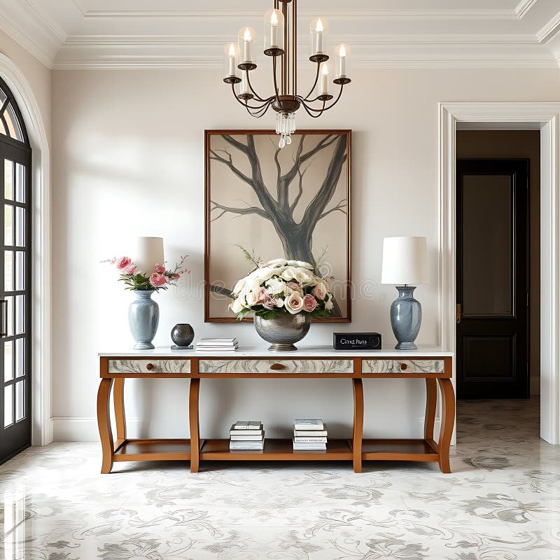 A Large Spacious Console Table in a Luxurious Foyer Decorated with ...