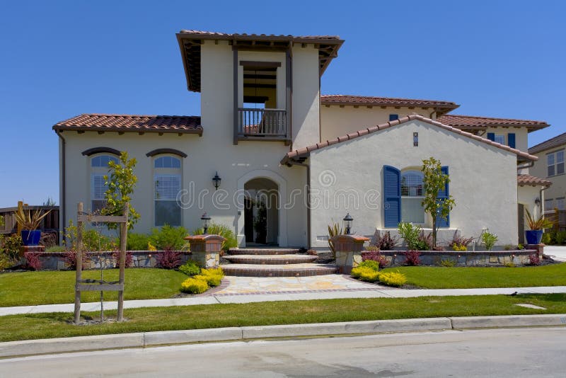 Large Spanish Style Home with a Turret Stock Image - Image of garage ...