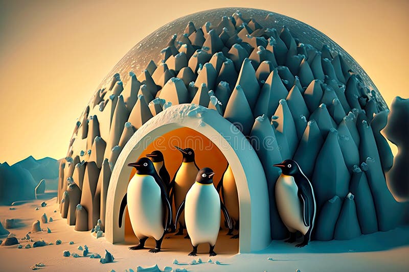 Large Spacious Snow Igloo with Family of Funny Penguins Inside Stock ...