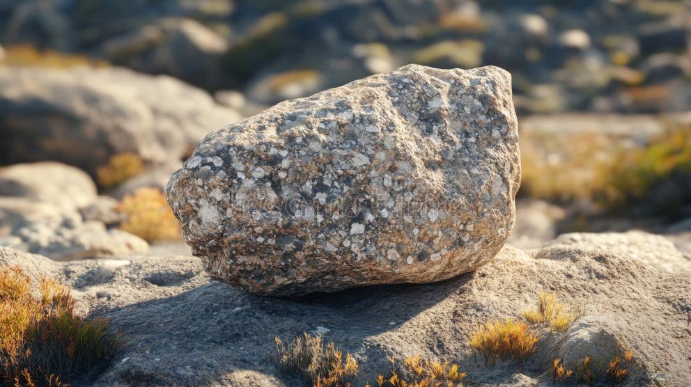 A Large Speckled Rock Rests on Smaller Rocks and Sparse Vegetation ...