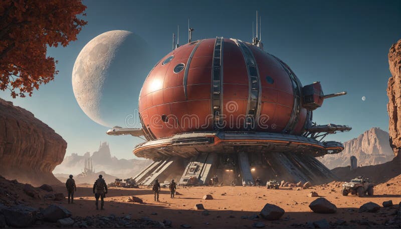 A Large, Spherical Spaceship Sits on a Desert Planet Under a Crescent ...