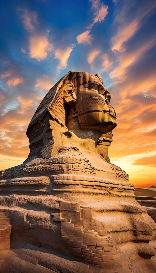 A Large Sphinx on the Background of Sunset Golden Clouds. Generated by ...