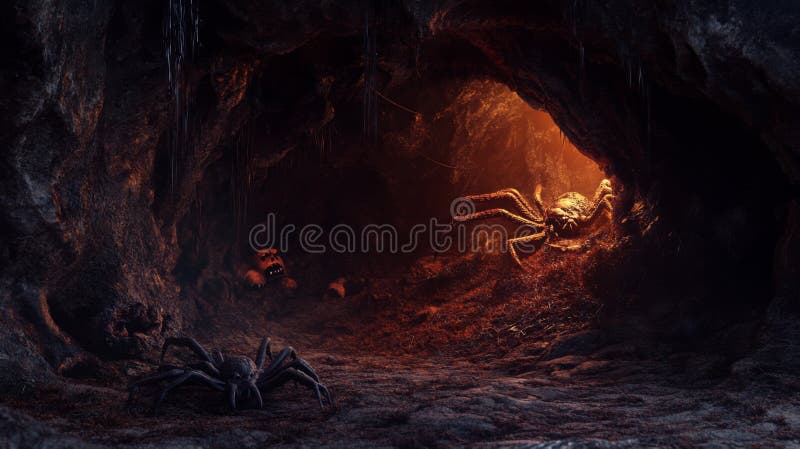 A Large Spider in a Cave with a Smaller Spider in the Foreground Stock ...