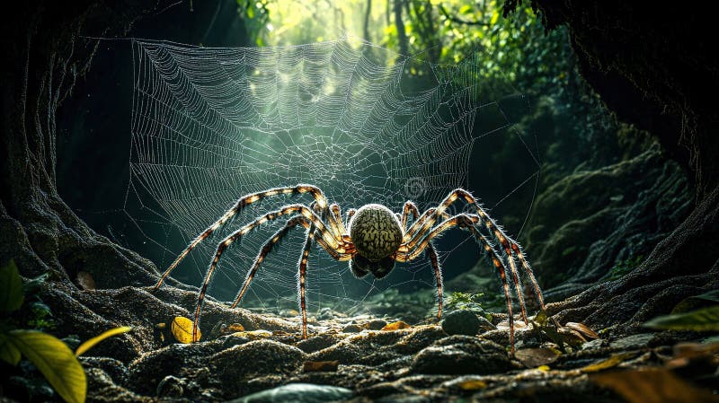 Large Spider in Cave, Sunlight on Web Stock Image - Image of eyes ...