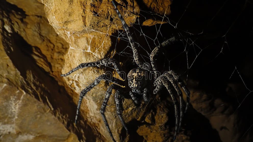 Large Spider in Cave, Web, Dark, Rocky Stock Photo - Image of dark ...