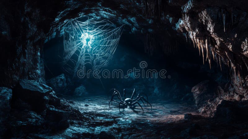 A Large Spider in a Dark, Eerie Cave with a Web and Stalactites Stock ...