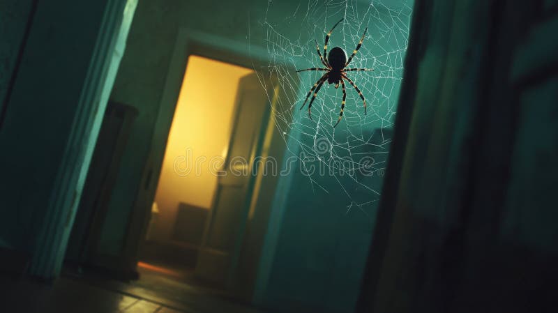 Large Spider Hanging on Web in Abandoned Room with Light from Window in ...