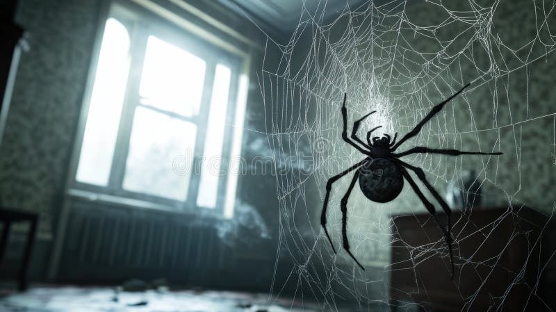 Large Spider Hanging Web Abandoned Room Light Window Background Stock ...