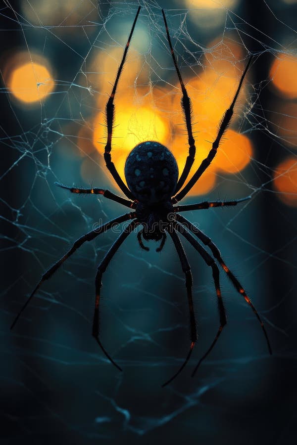 Large Spider Hanging on Web with Bokeh Lights Stock Illustration ...