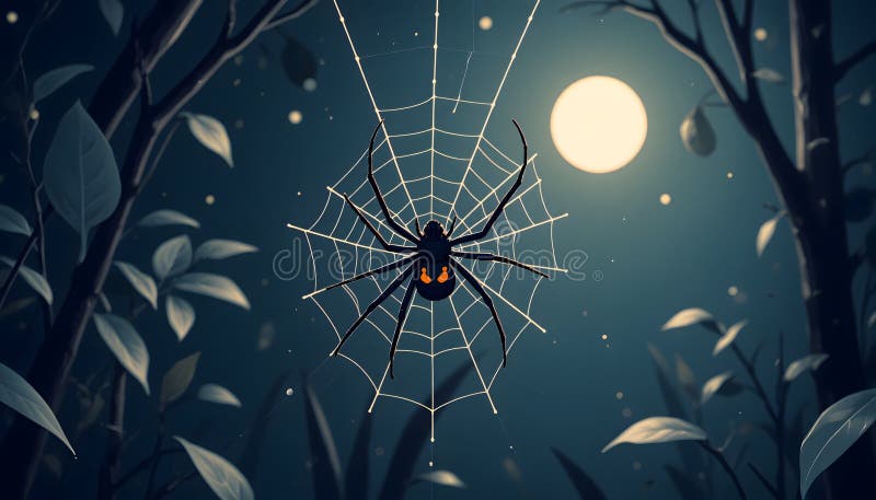Spider in Web Under Full Moonlight Stock Illustration - Illustration of ...