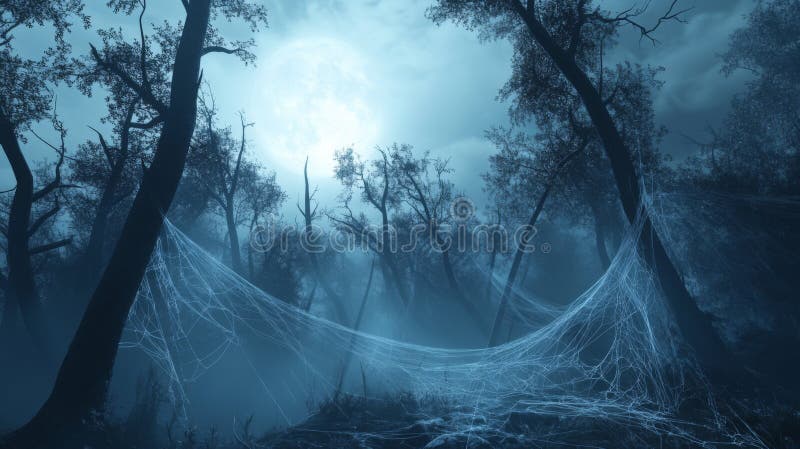 A Large Spider Web Stretching between Trees Under a Full Moon in a ...