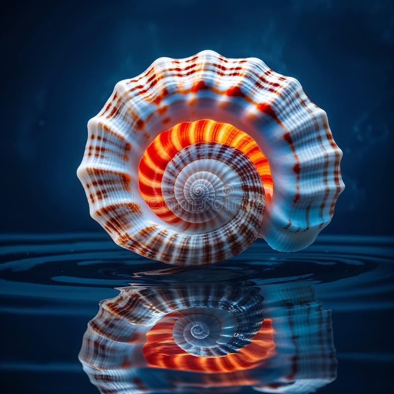 Large Spiraled Seashell on Reflective Water-Like Surface in Central ...