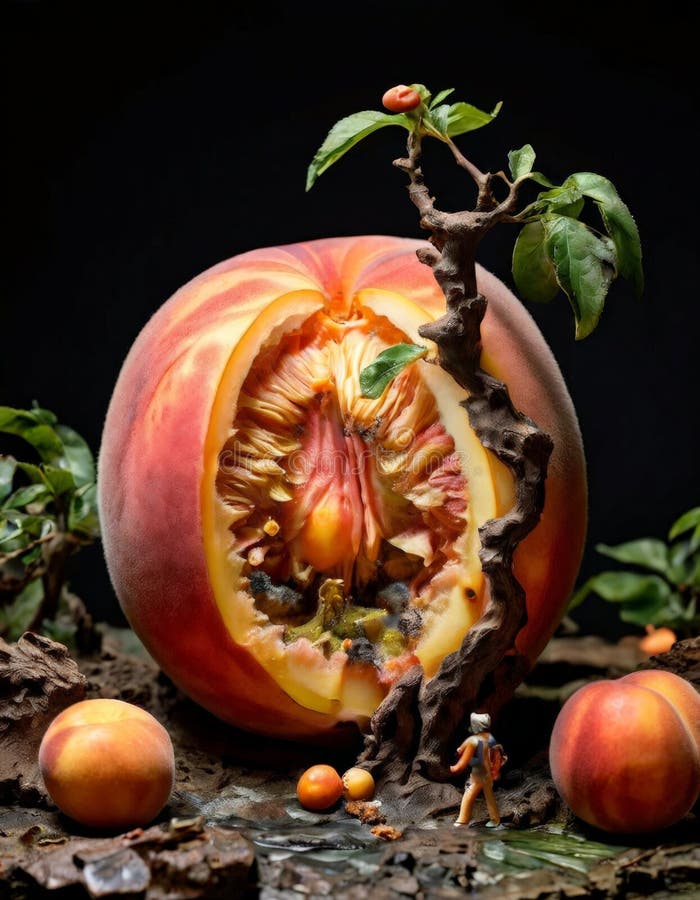Gigantic Peach with Miniature Explorers Stock Photo - Image of ...