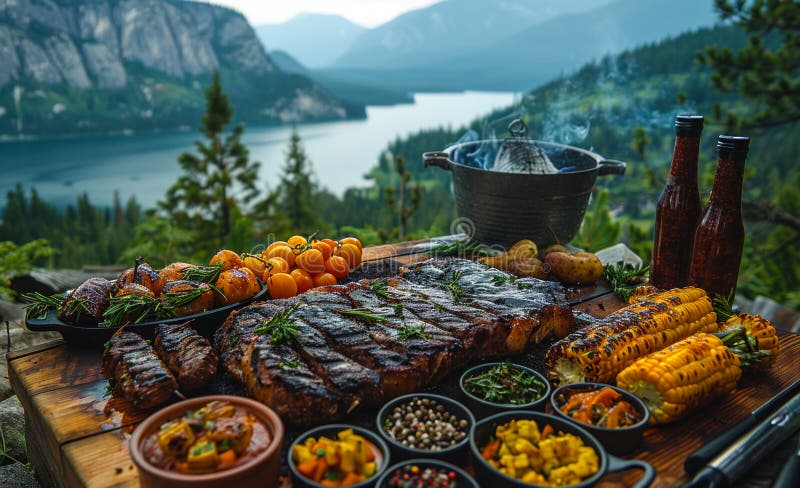 A Large Spread of Food is Laid Out on a Wooden Table, with a Mountain ...