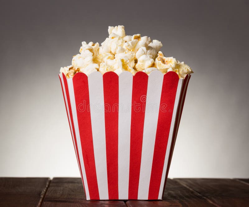 Large Square Box Filled with Top Popcorn on Gray Background. Stock ...
