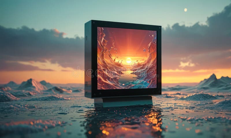 A Large Square Box with a Picture of a Sunset on it. Stock Illustration ...