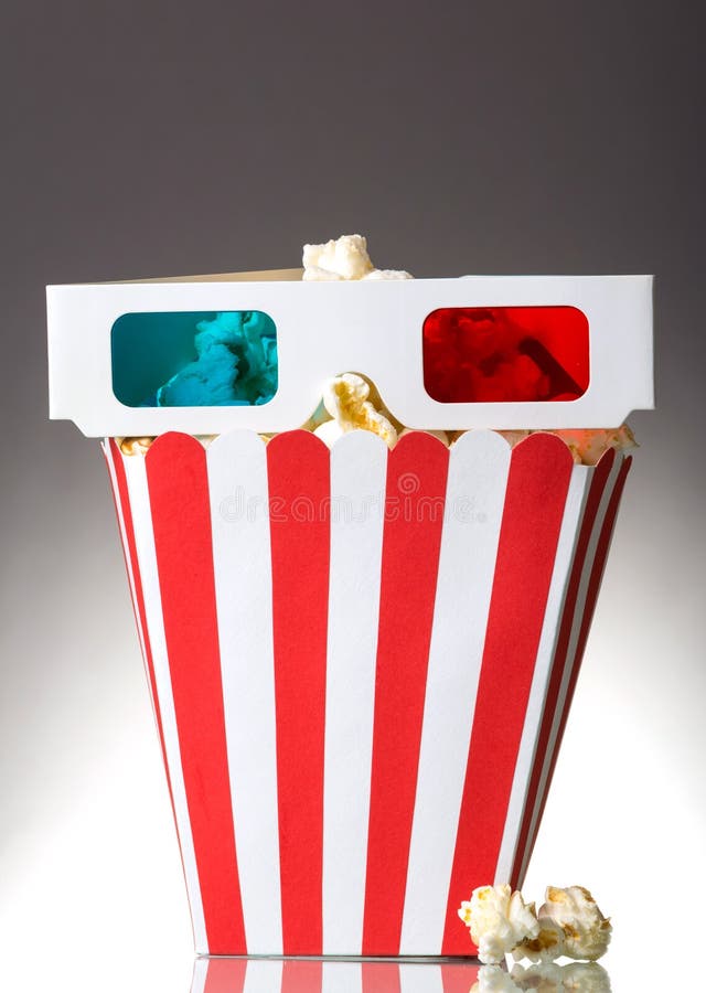 Large Square Box Popcorn and 3D Glasses, Several beside Gray. Stock ...
