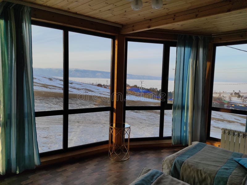 Large Square Windows in the Room with Curtains Stock Image - Image of ...