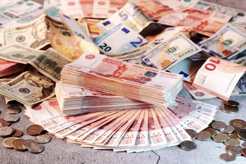 Large Stack of Banknotes, Russian Rubles Laying on a Grey Concrete ...