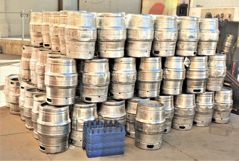 Large Stack of Beer kegs. stock photo. Image of currency - 283666836