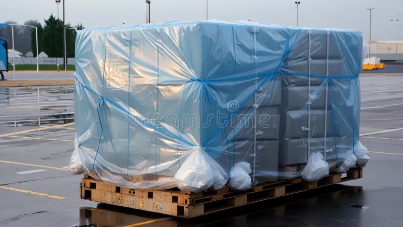 Large Stack of Boxes Wrapped in Plastic on Airport Tarmac Stock Video ...