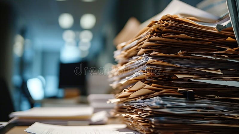 Large Stack of Business Papers on Blurred Office Background and Bokeh ...