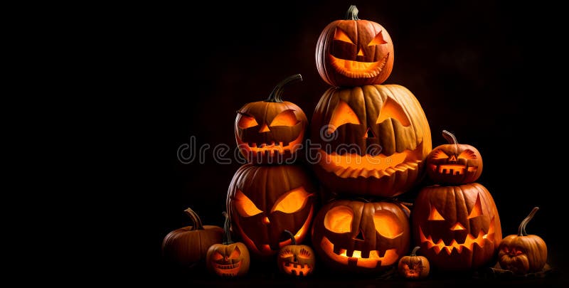 A Large Stack of Carved Halloween Pumpkins with Spooky Faces. Generative Ai Stock Illustration ...