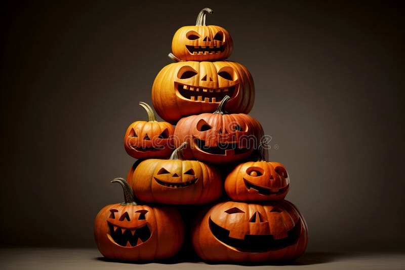 A Large Stack of Carved Halloween Pumpkins with Spooky Faces. Generative Ai Stock Illustration ...