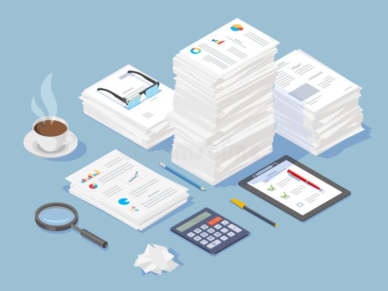 Large Stack of Complex Paper Documents, Magnifier Calculator, Coffee ...