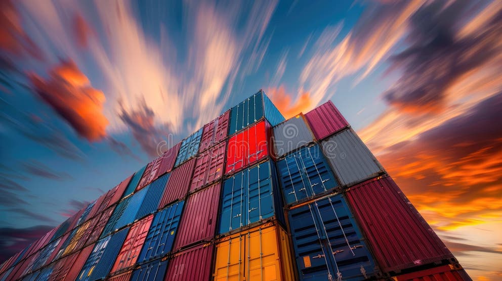 A Large Stack of Containers with a Red, Yellow, and Blue Container in ...