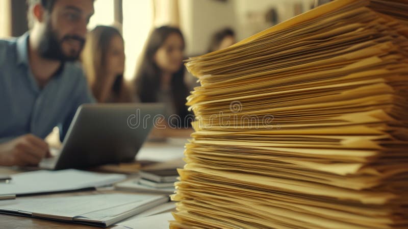 A Large Stack of Documents Near Working People Stock Illustration ...